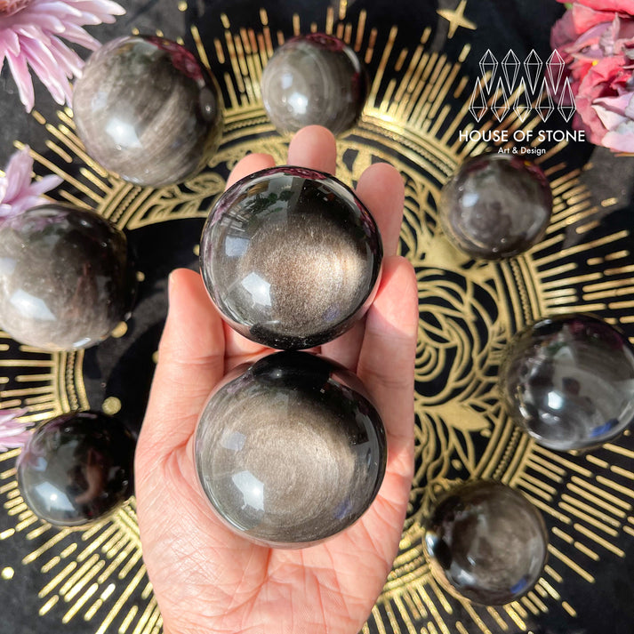 Natural Rare Silver Sheen Obsidian/Large Silver Obsidian Gemstone Sphe ...